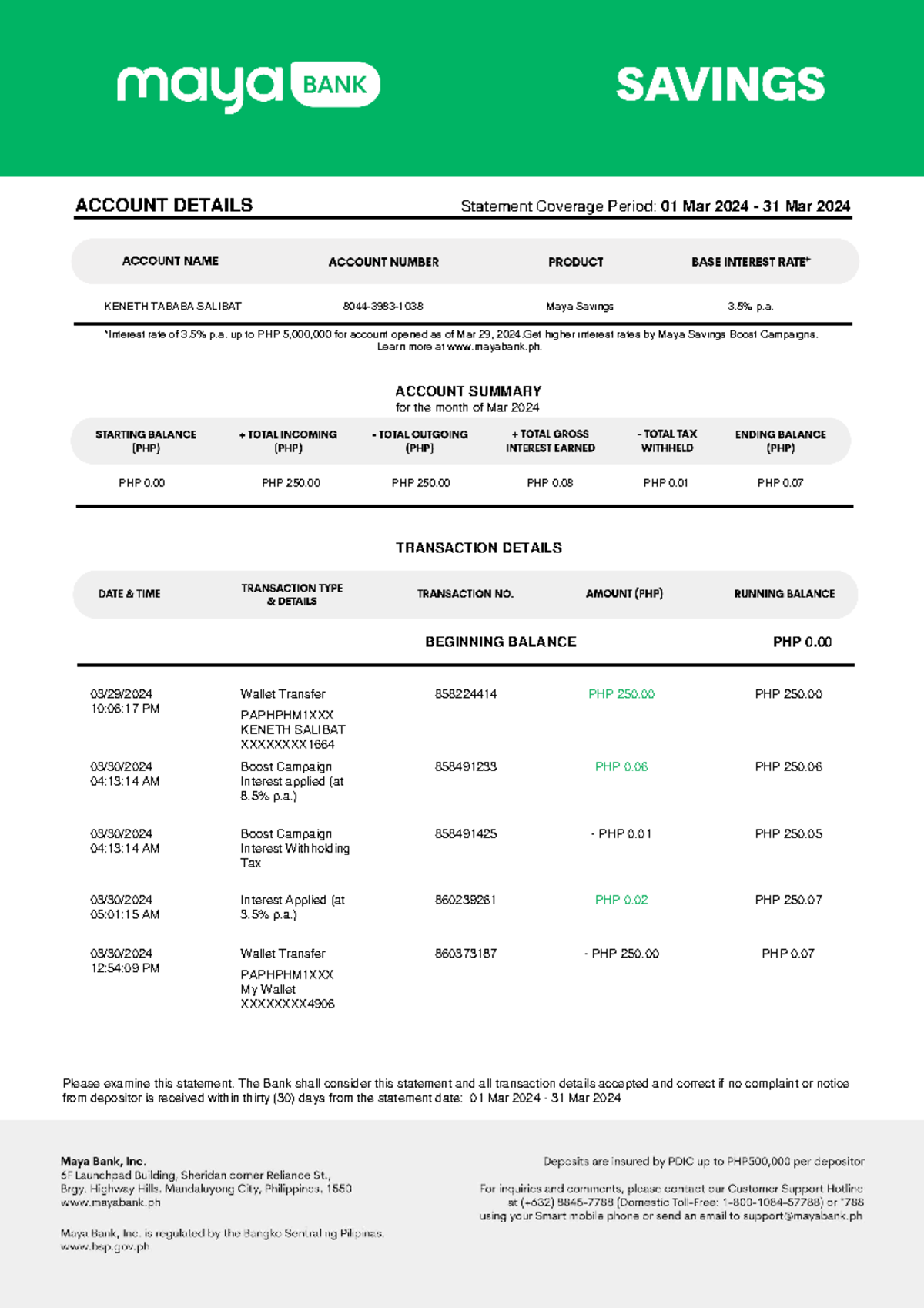 Maya Savings Statement (Mar 2024) - Account Summary & Transactions ...