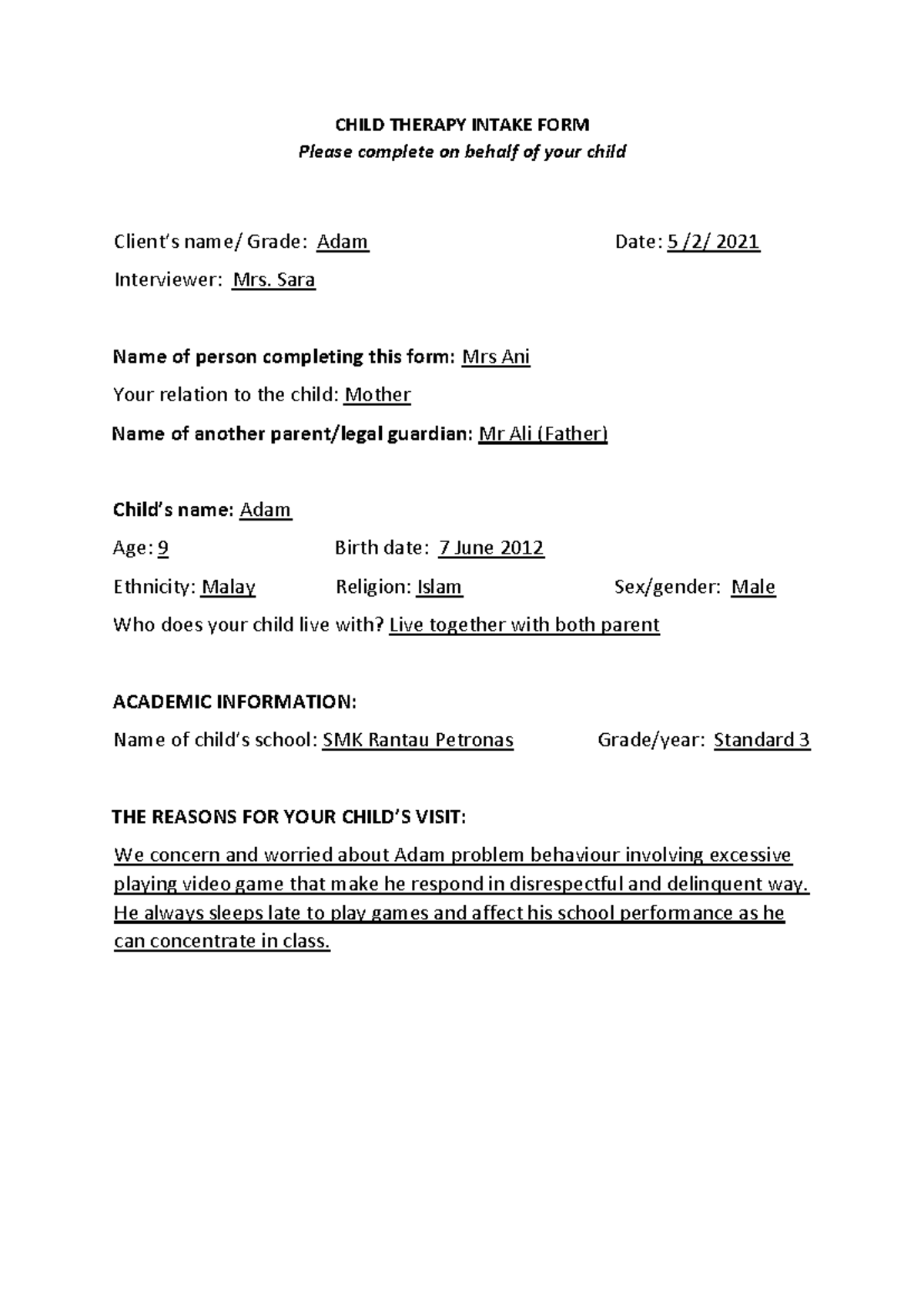 Child Intake FORM Behavior Checklist - CHILD THERAPY INTAKE FORM Please ...