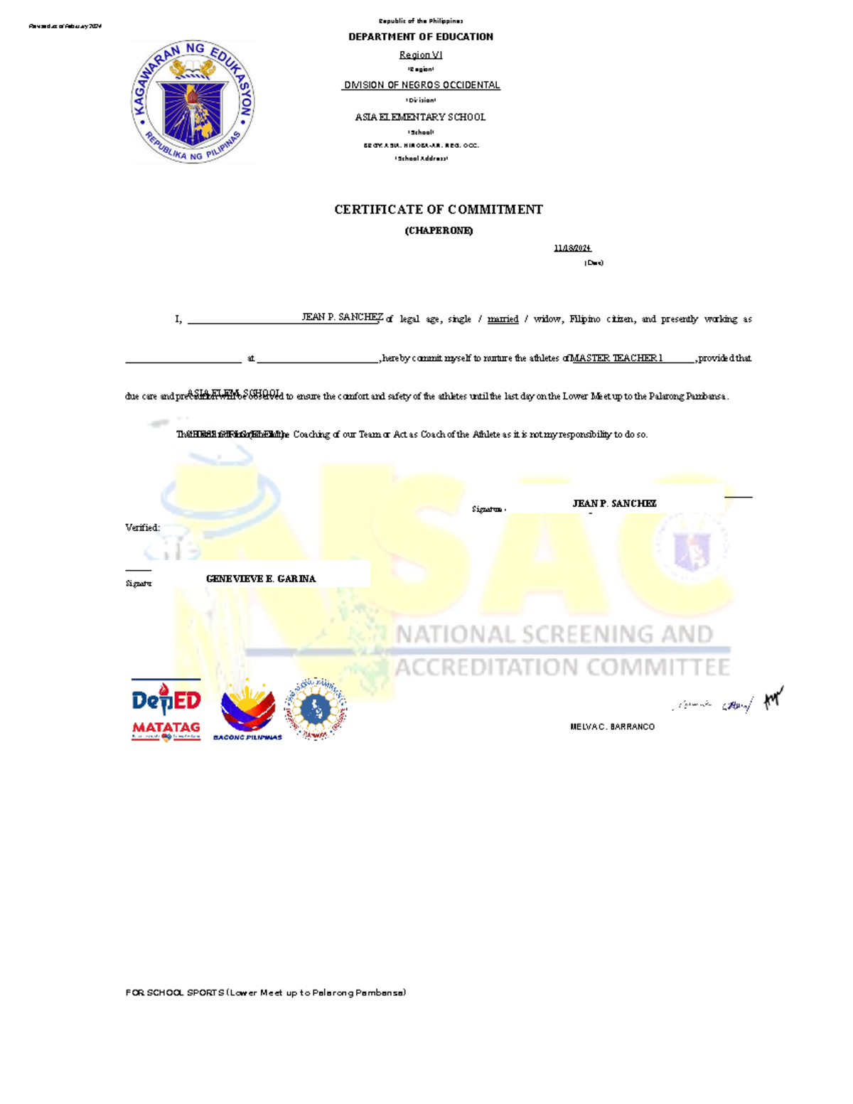 Certificate of Commitment for Chaperone in Sports Activities - Studocu