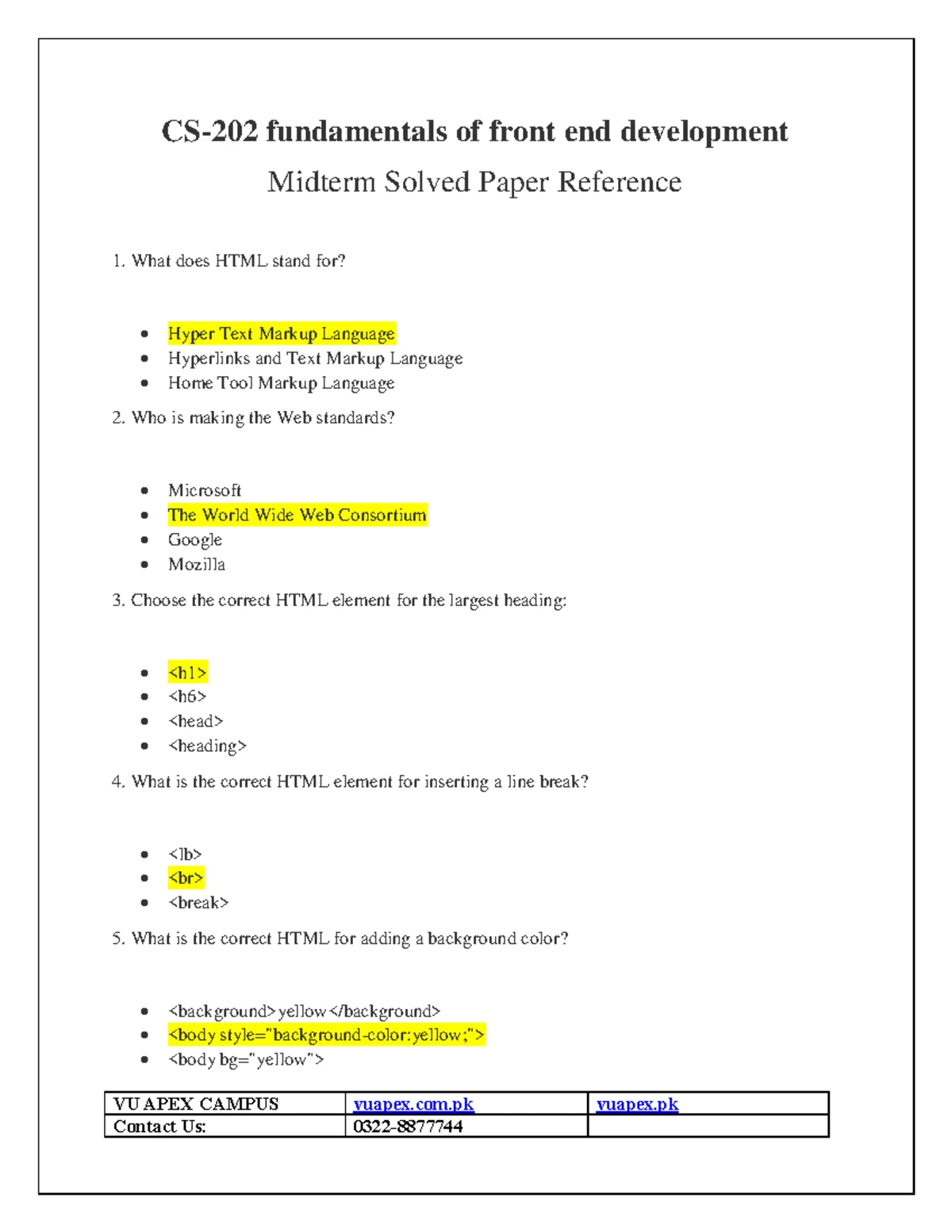 Cs202 Mid Term Mcqs With Reference Solved By Arslan 1 Cs 202 Fundamentals Of Front End