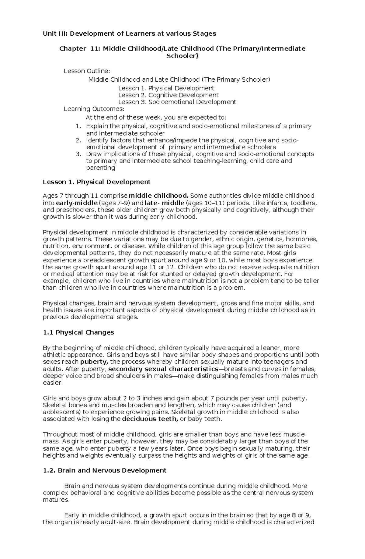 Unit Development of Learners at Various Stages: Chapter 11 - Middle ...