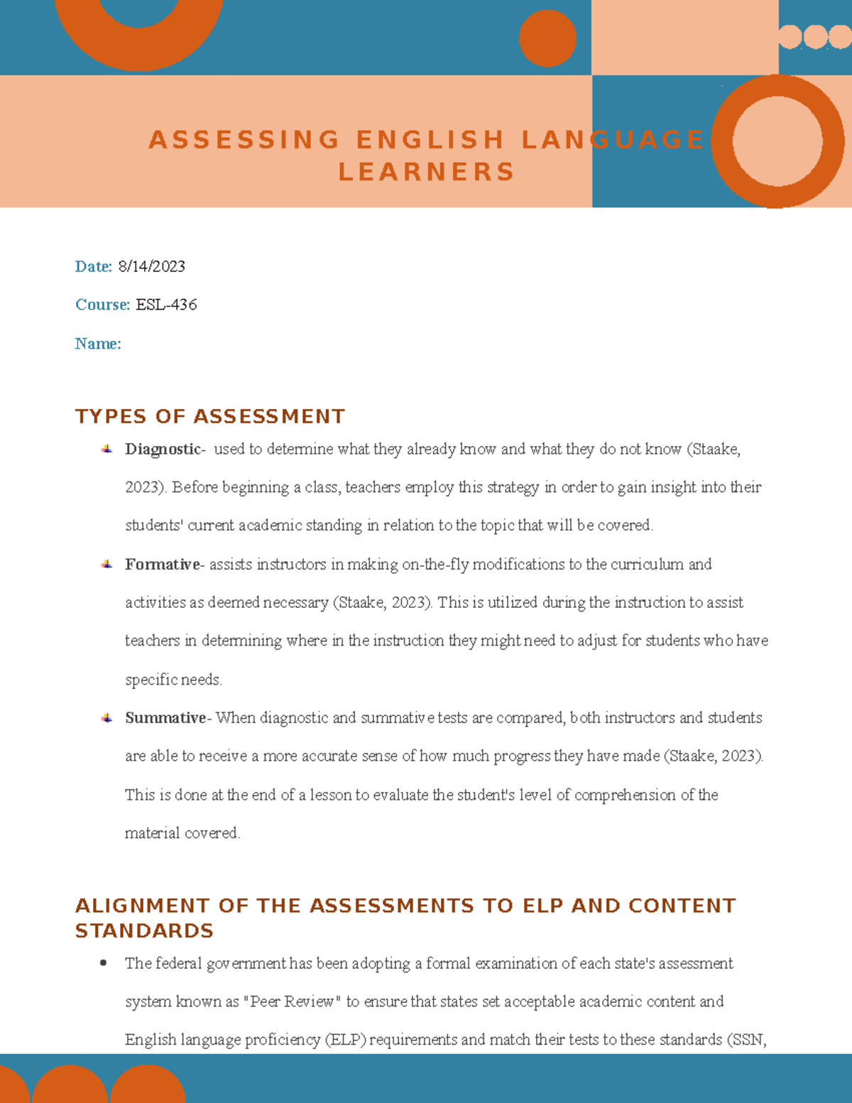 ESL-436-T8-Effective Assessment Strategies for ELLs - Studocu