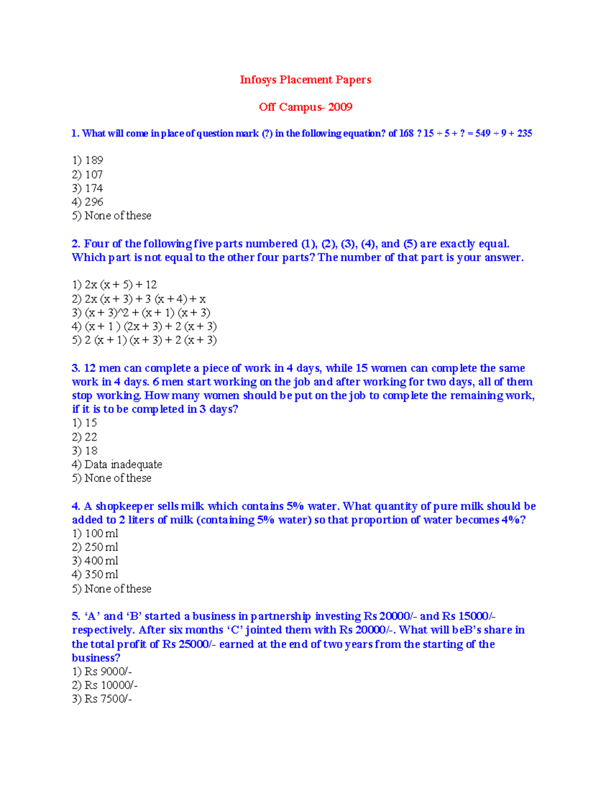 Engg Room: Infosys Placement Papers 2009 - Off Campus Exam Guide - Studocu