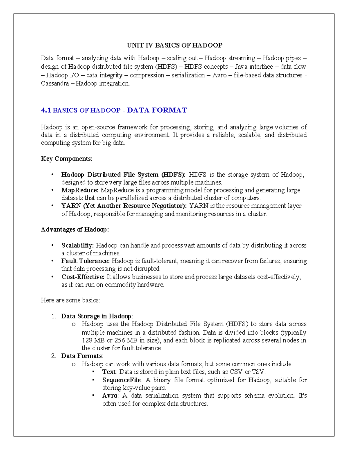 Unit 4: Basics of Hadoop - Data Formats, HDFS, and MapReduce Concepts ...