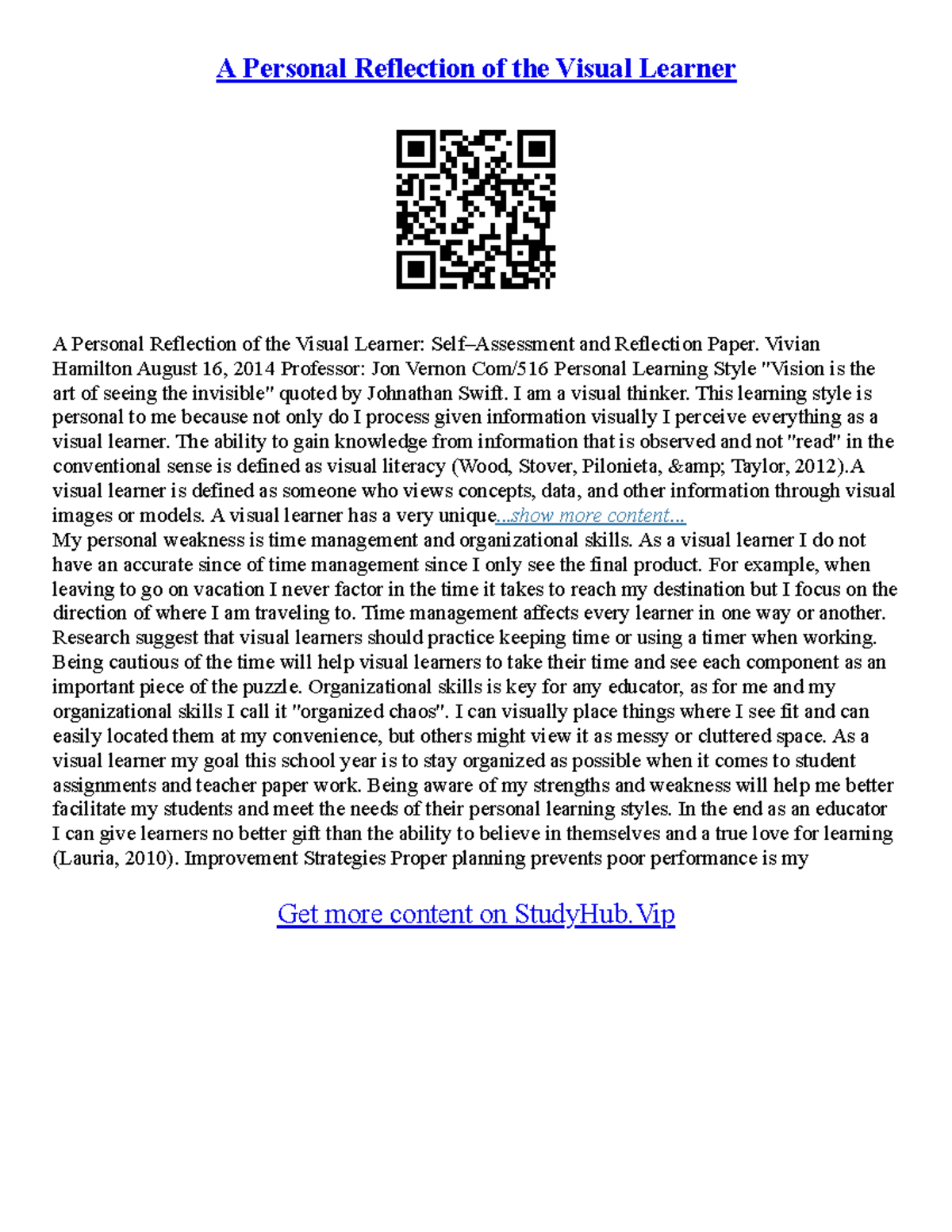 Com/516 Visual Learner Reflection Essay: Insights and Strategies - Studocu