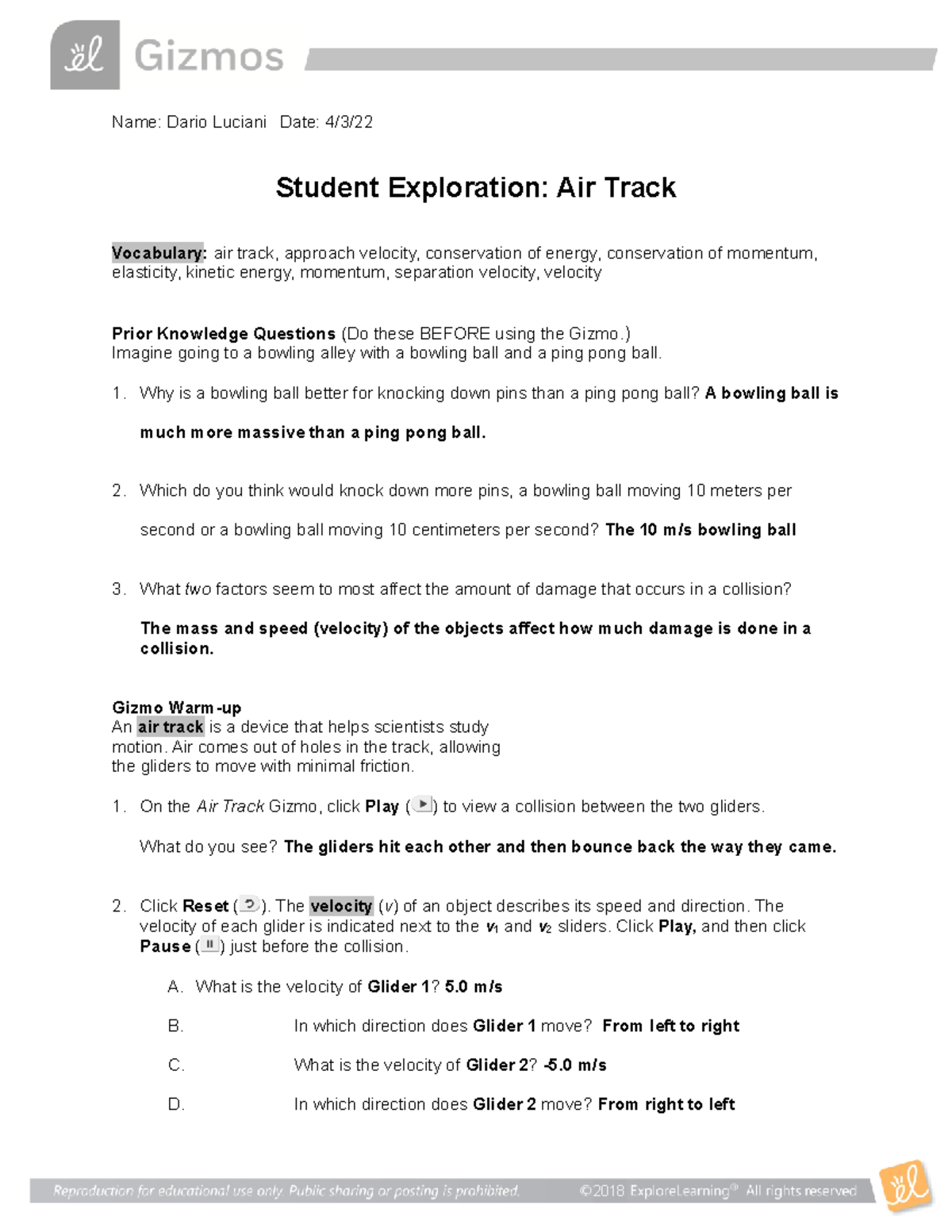 Air Track Exploration: Key Concepts and Answer Key - Studocu