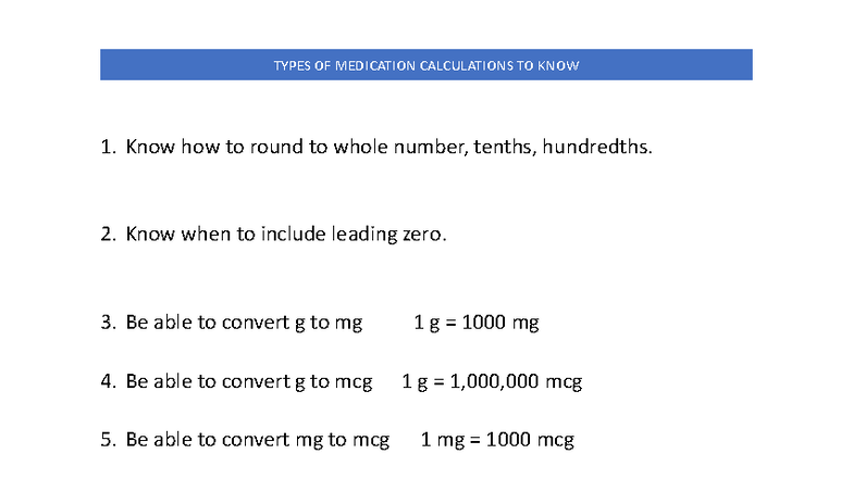 Dosage Lab Study Guide (MED 101): Key Medication Calculations - Studocu