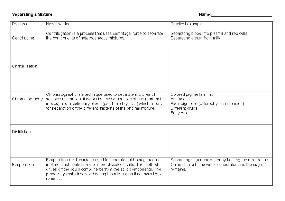 Separating Mixtures Worksheet: Techniques and Examples - Studocu