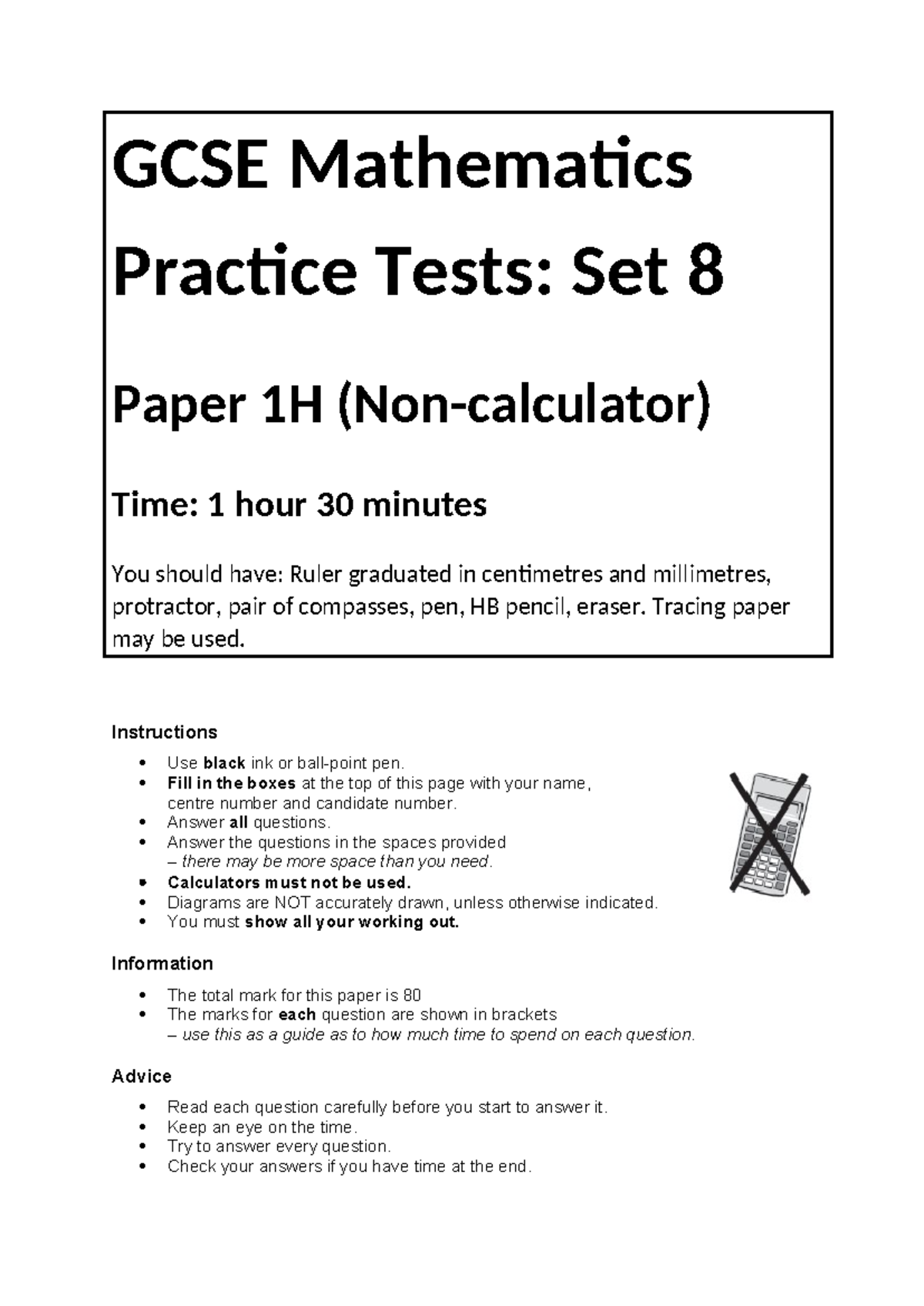GCSE Maths Practice Tests: Set 8 Paper 1H - Spring 2019 - Studocu