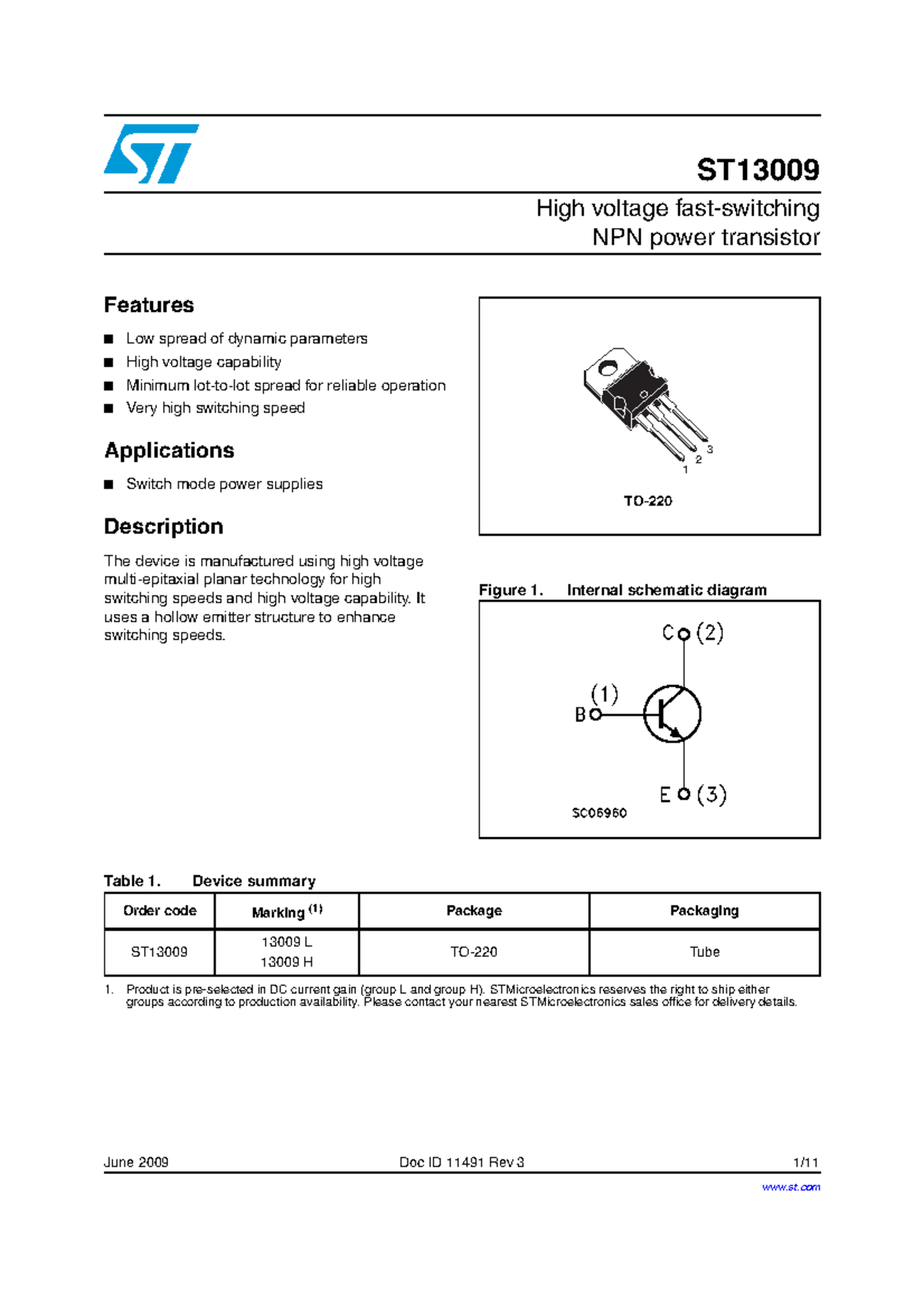 13009 - transistor - June 2009 Doc ID 11491 Rev 3 1/ 11 ST High voltage ...