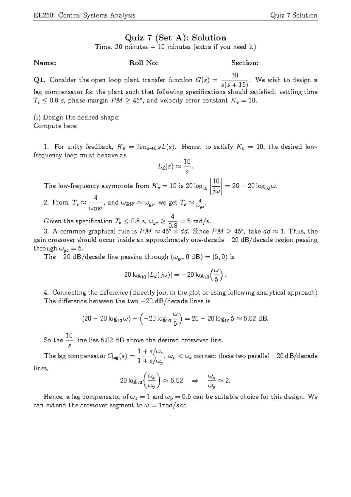 EE250: Control Systems Analysis Quiz 7 Solution (Set A) - Studocu