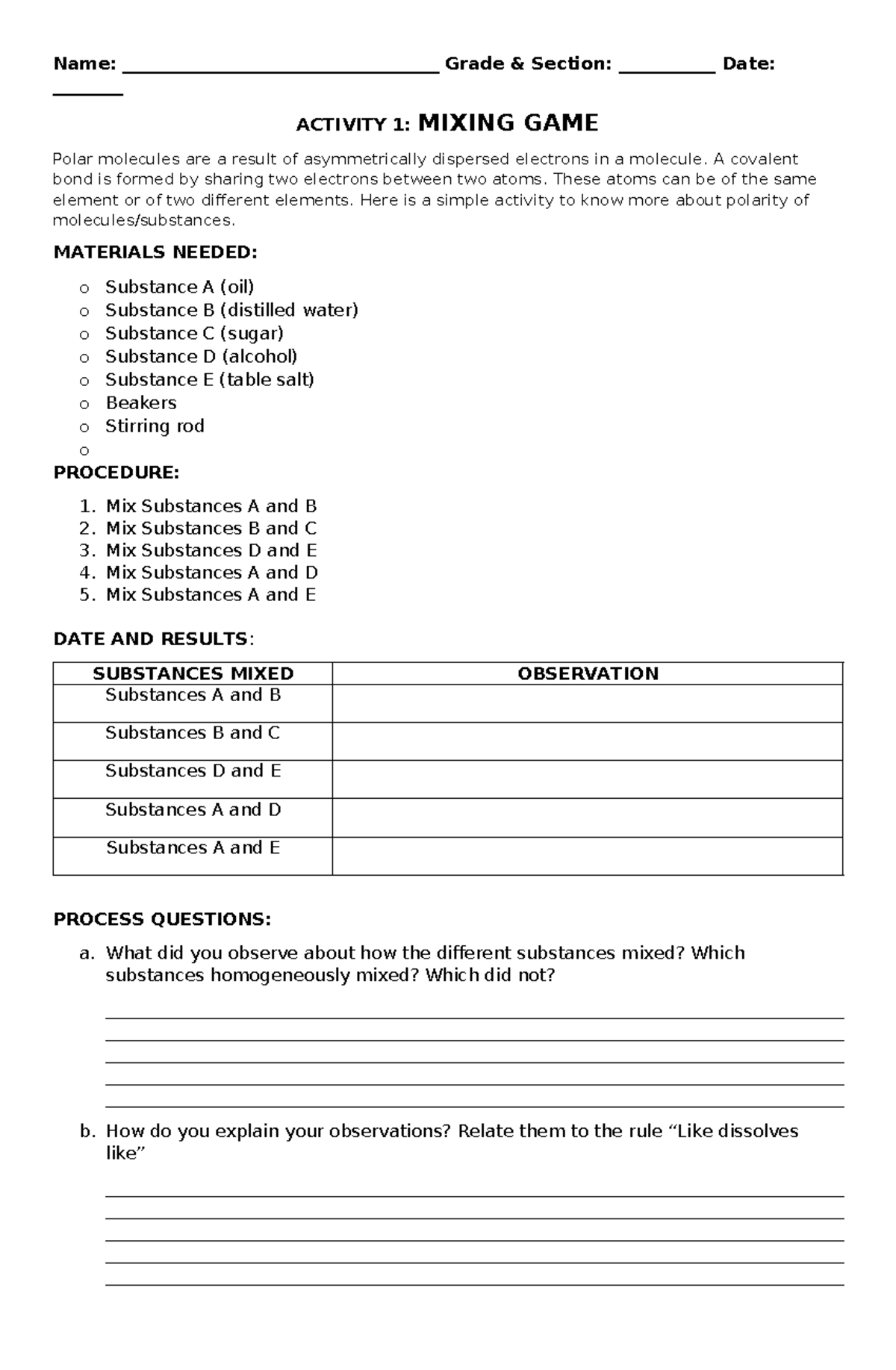 Activity 1: Understanding Polar and Nonpolar Substances Mixing - Studocu