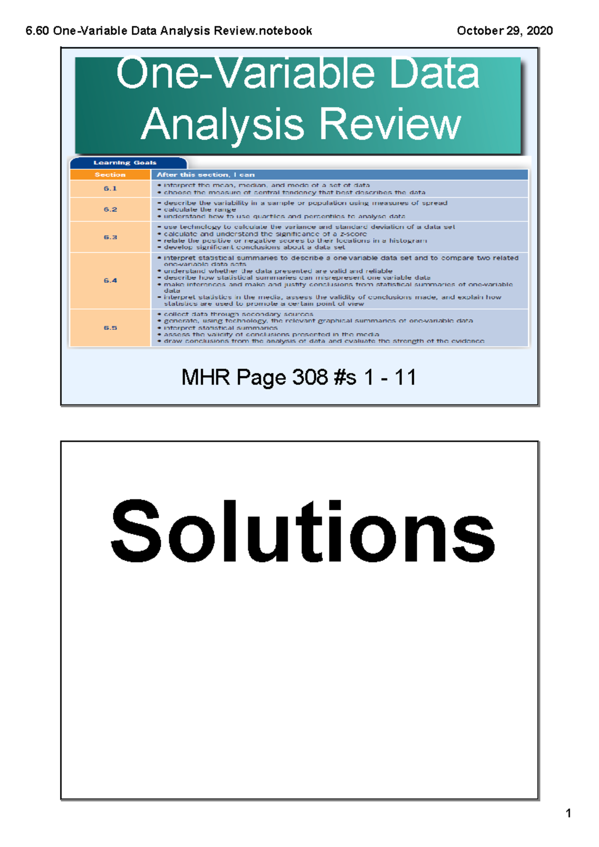 One variable data anyalisis - OneVariable Data Analysis Review MHR Page ...