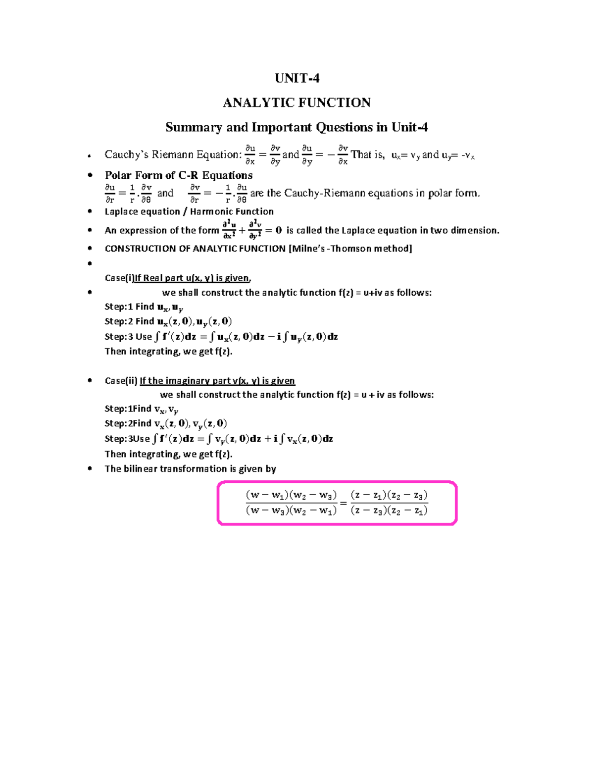 UNIT-4: Analytic Function Summary & Key Questions on Riemann Equations ...