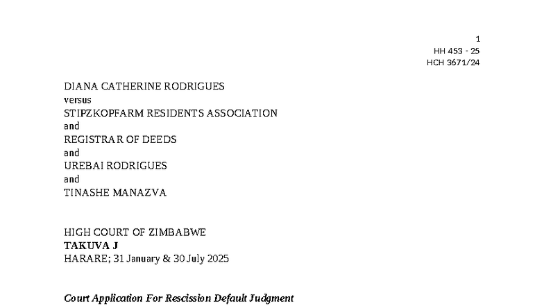 Court Application for Rescission of Default Judgment: HH 453/25 HCH ...