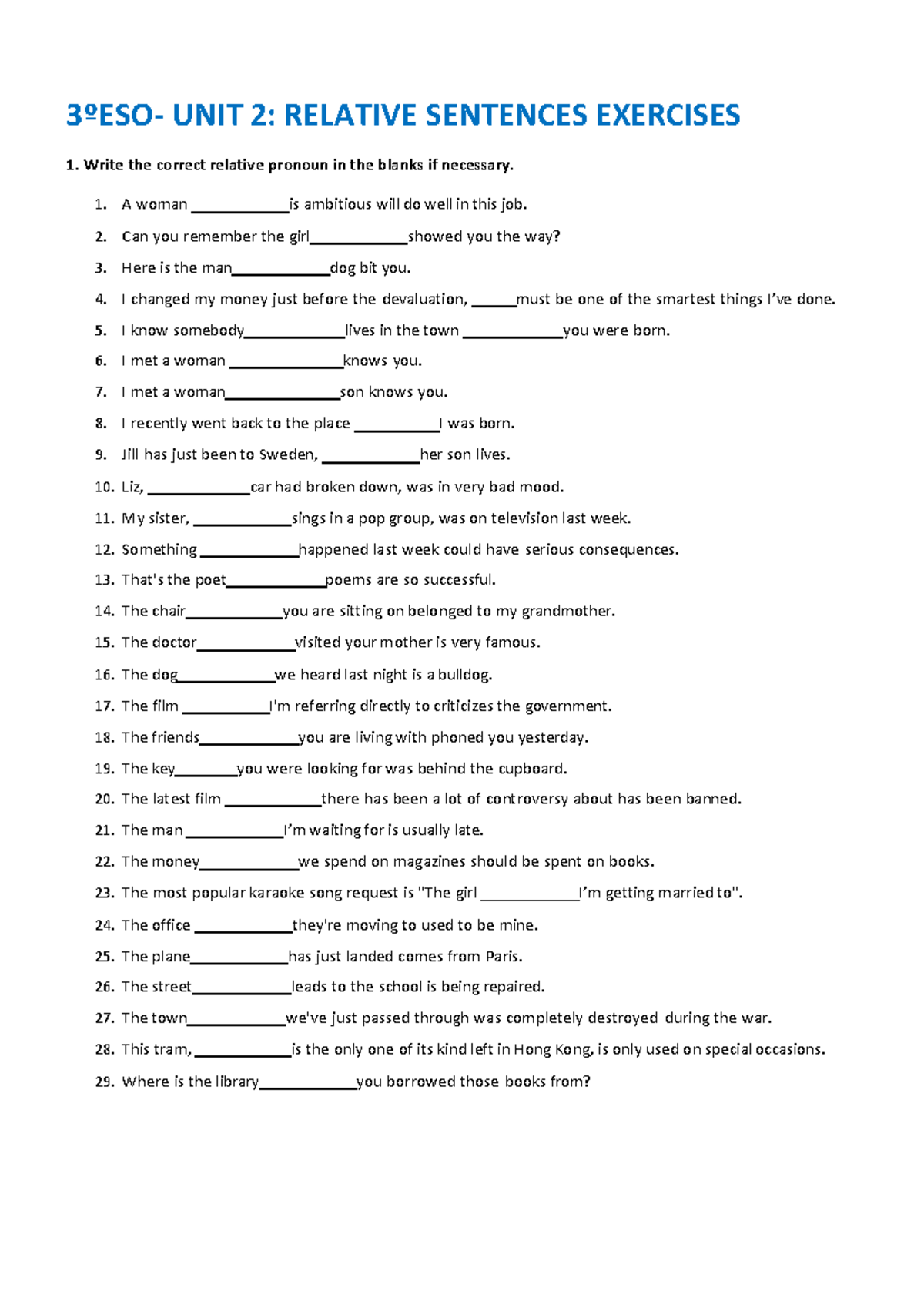 3ºESO-UNIT 2: Relative Sentences Exercises with Answers - Studocu