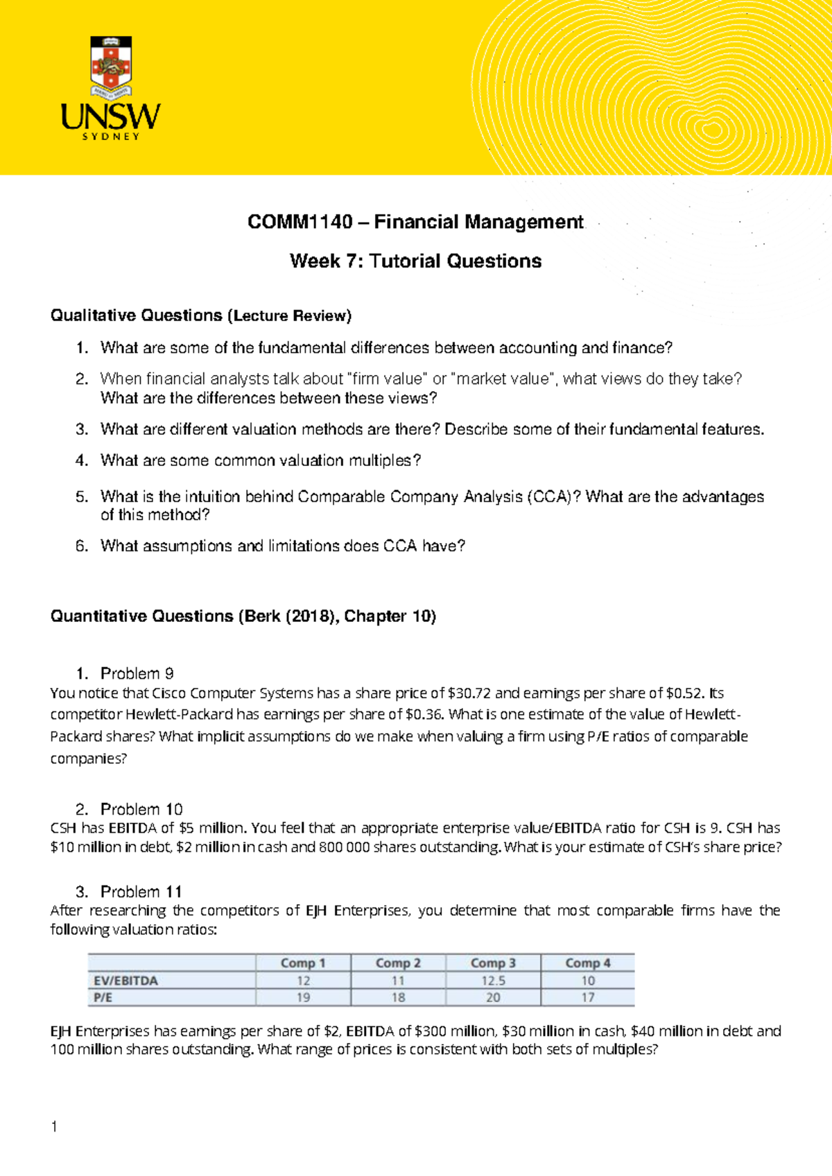 Week 7. Tutorial Questions (NEW) - 1 COMM1140 – Financial Management ...