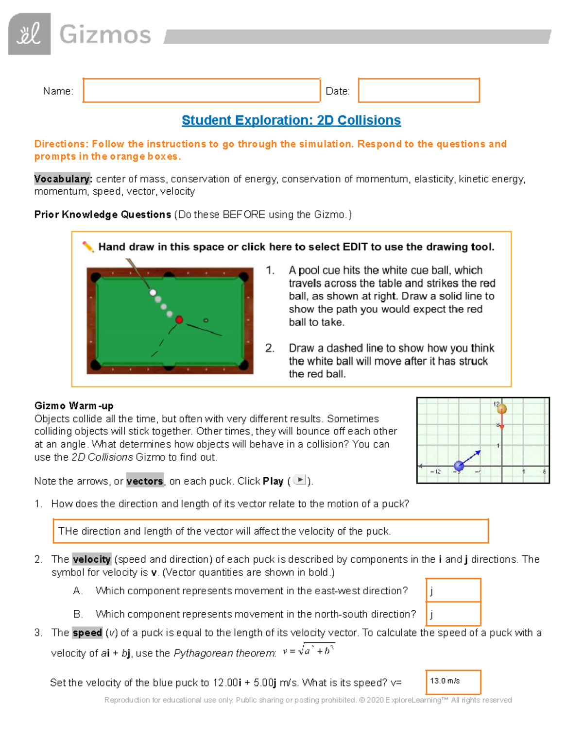 2D Collisions Exploration SE - Gizmo Activity Answers - Studocu