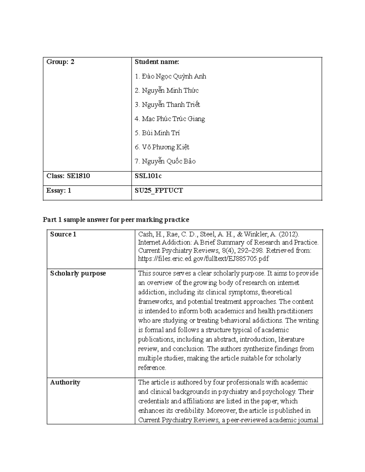 Group 2 Essay 1: Peer Marking Practice on Internet Addiction (SE1810 ...