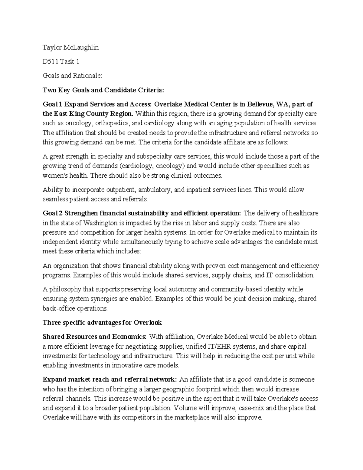 D511 Task 1: Goals and Rationale for Overlake Medical Center ...