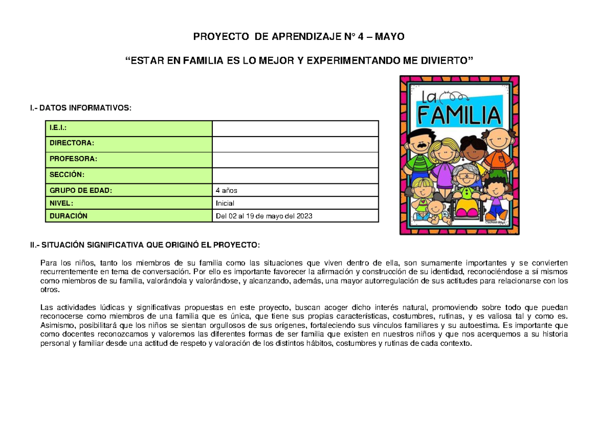 Proyecto de Aprendizaje N°04: Estar en Familia (Niños de 4 Años) - Studocu