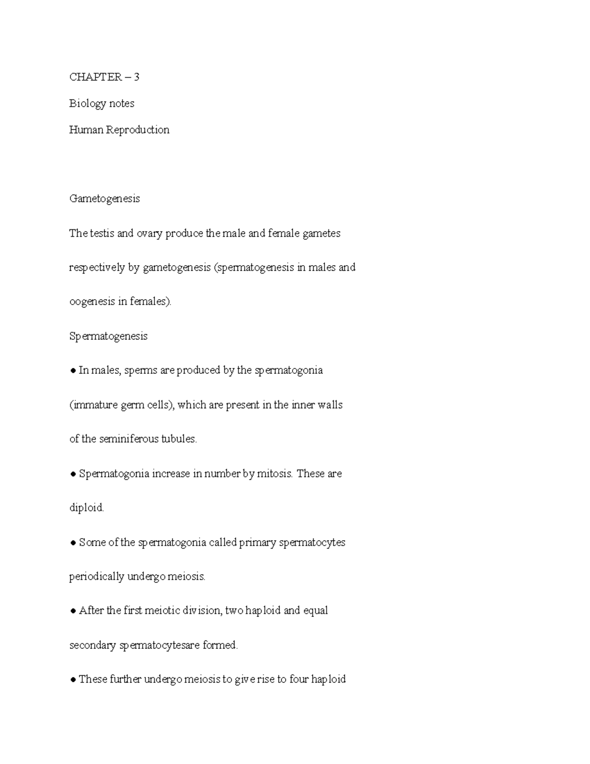 Chapter 3 Biology Notes: Human Reproduction and Gametogenesis - Studocu