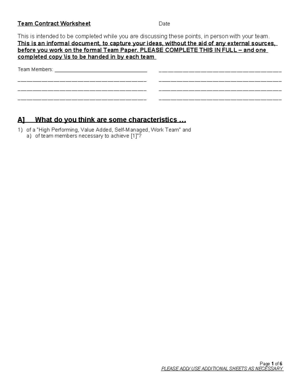 Team Contract Worksheet W 25: Guidelines for Effective Teamwork - Studocu