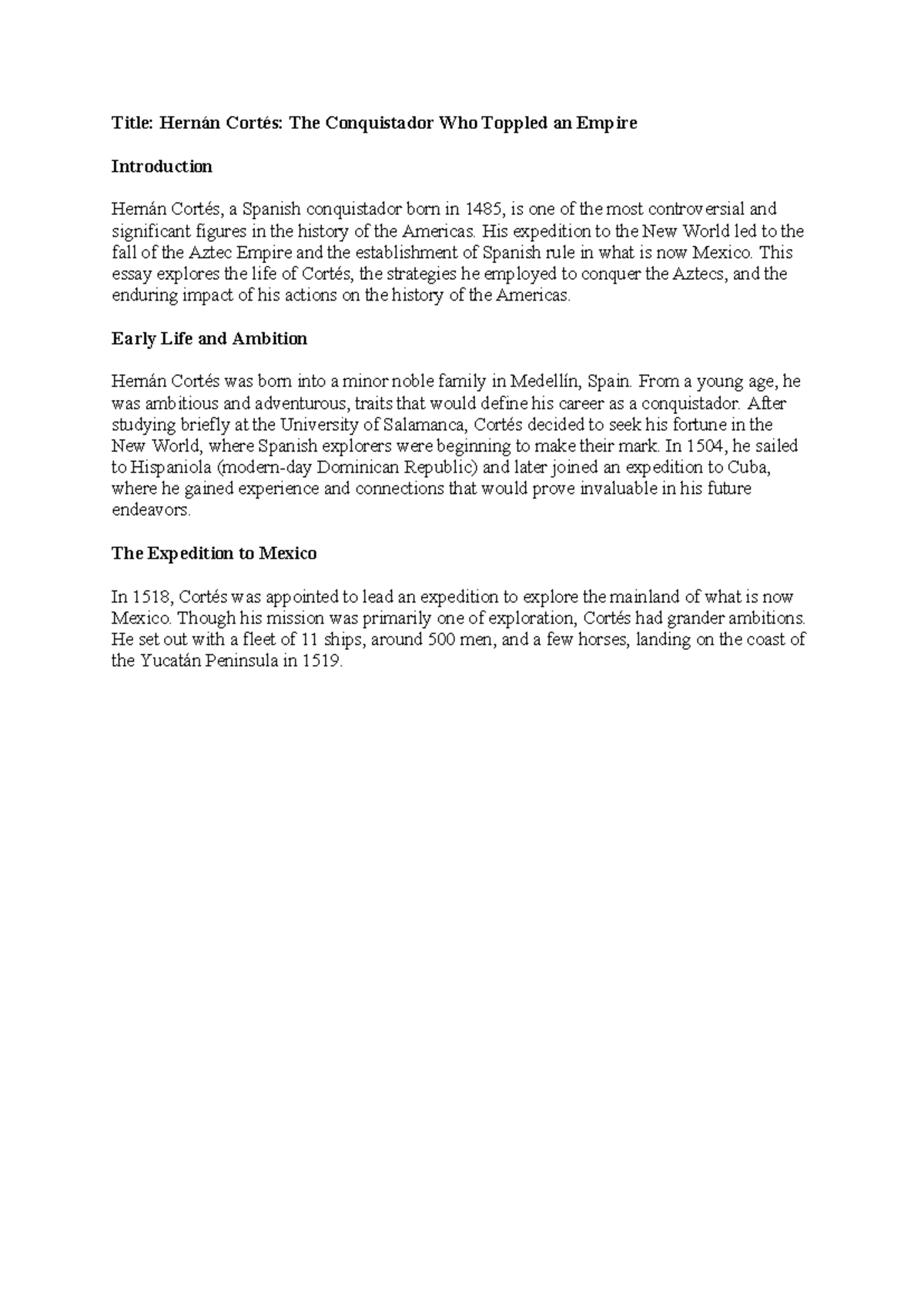 HERN 101 - Essay on Hernán Cortés: Early Life & Conquests - Studocu