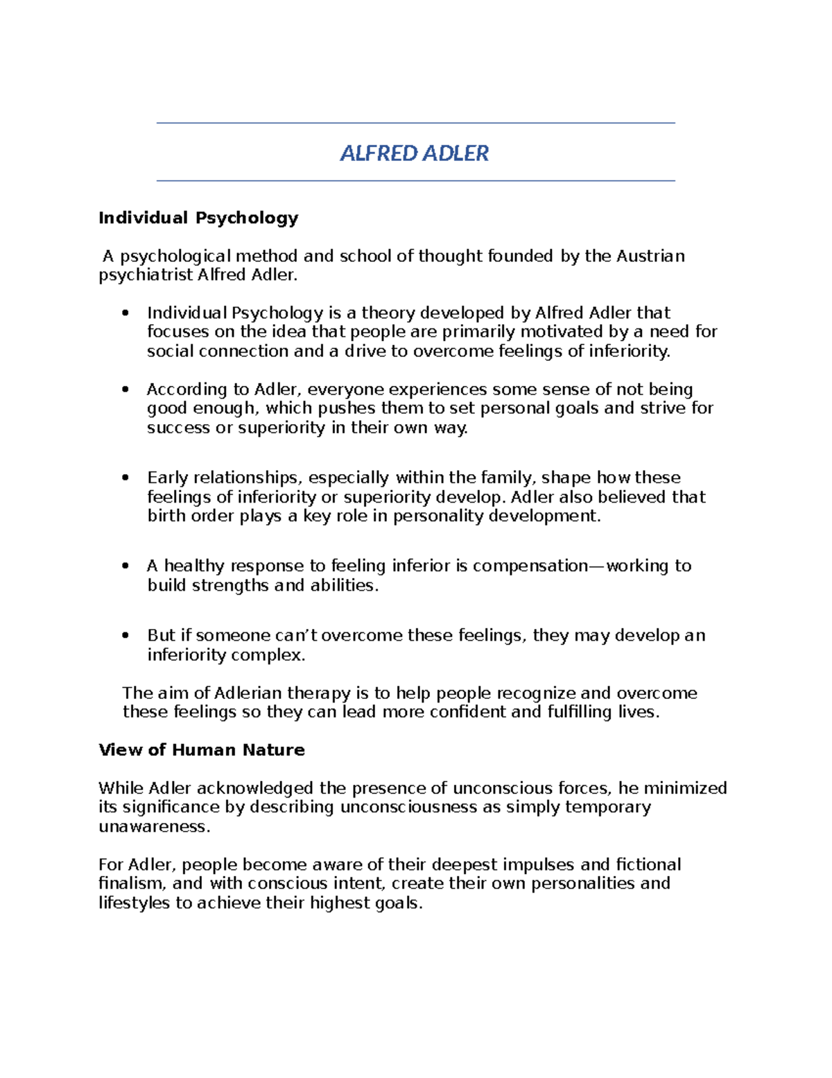 ALFRED ADLER PSY 101: Key Theories of Individual Psychology - Studocu