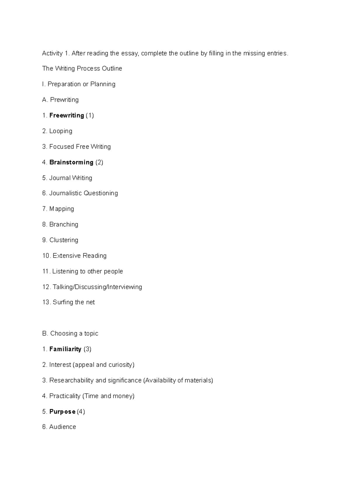 Quiz Española: Writing Process Outline Activity - Studocu