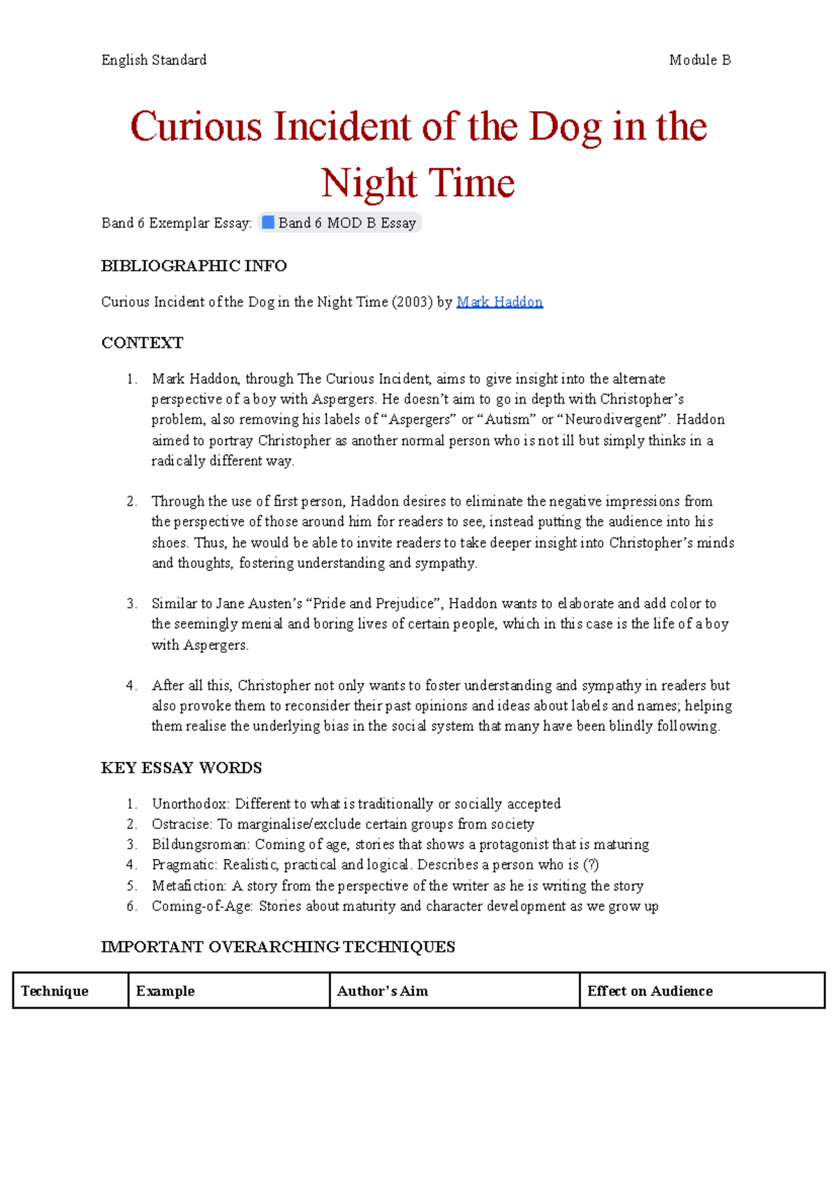 MOD B Essay Scaffold: The Curious Incident of the Dog in the Night-Time ...