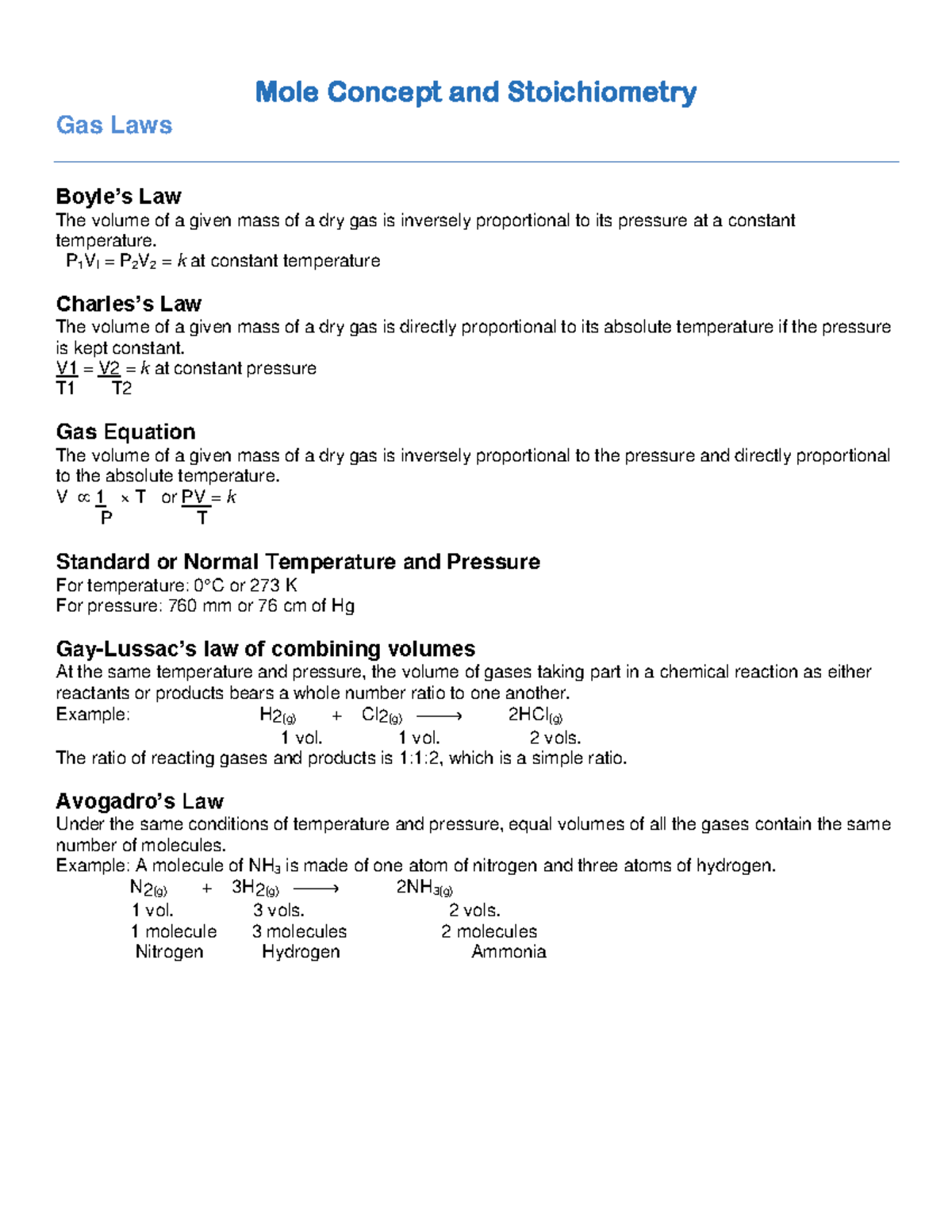 Mole Concept & Stoichiometry: Gas Laws Overview for Chem 101 - Studocu