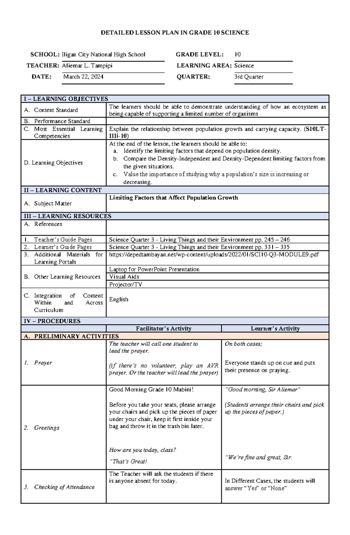 Detailed Lesson Plan: Limiting Factors Affecting Pop. Growth (Grade 10 ...