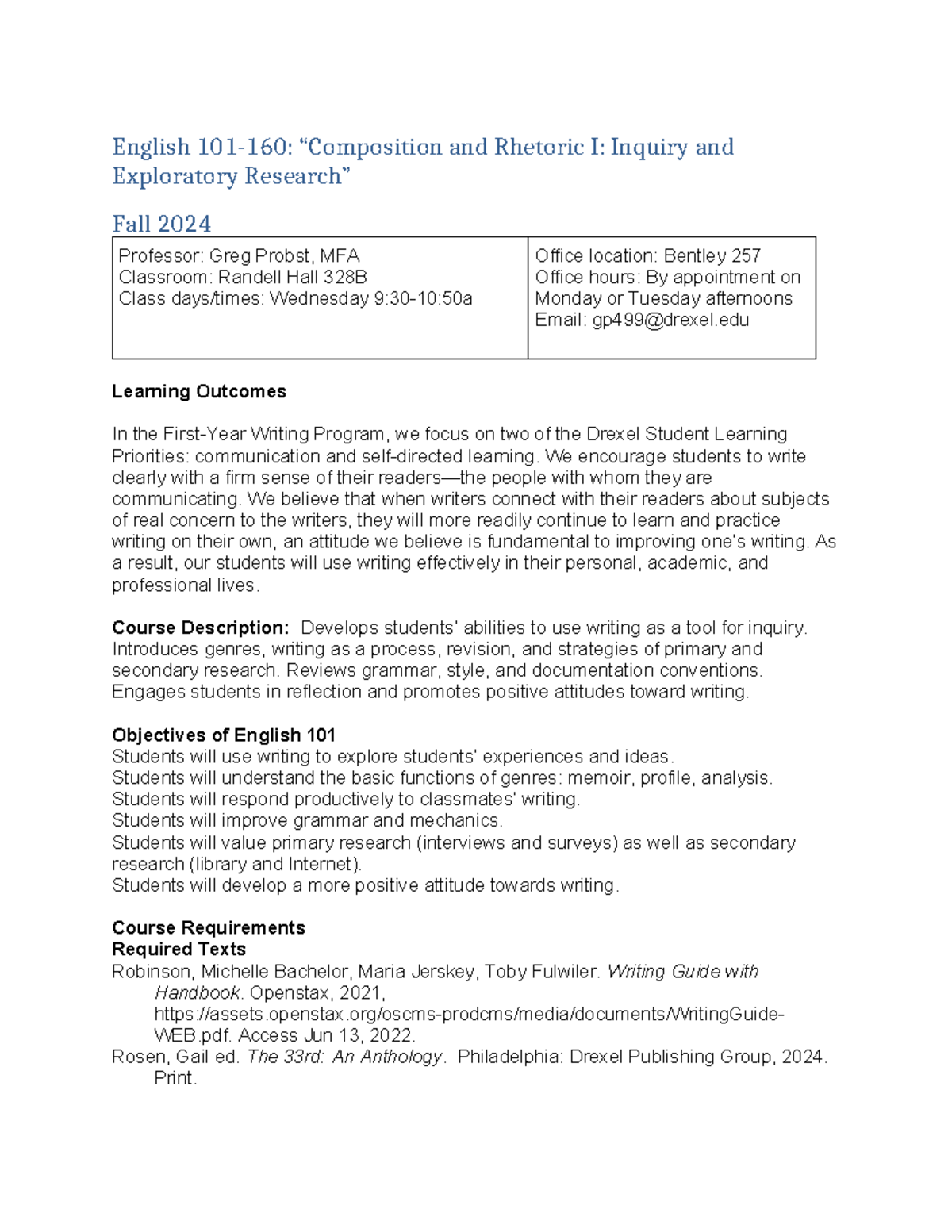 Syllabus ENGL101 - Composition and Rhetoric I: Inquiry & Research, Fall ...