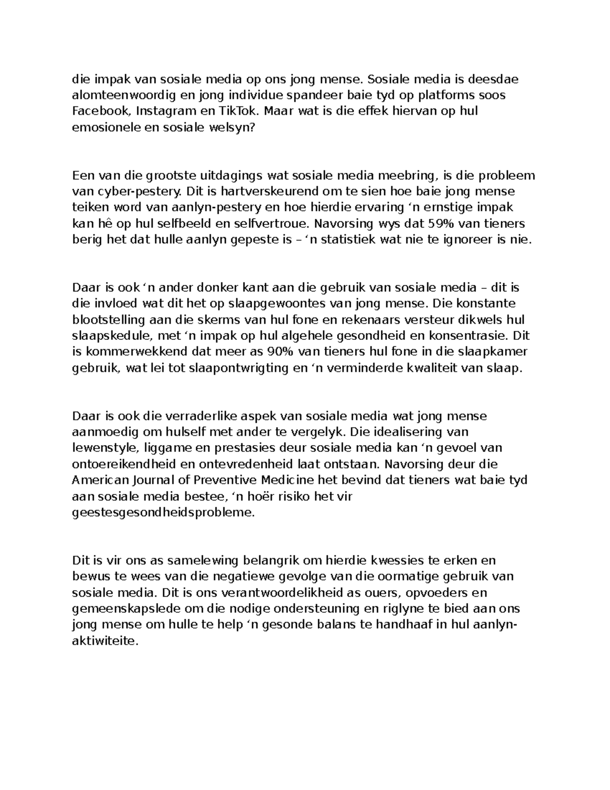 Impak van Sosiale Media op Jong Mense: 'n Verkenning van Gevolge - Studocu