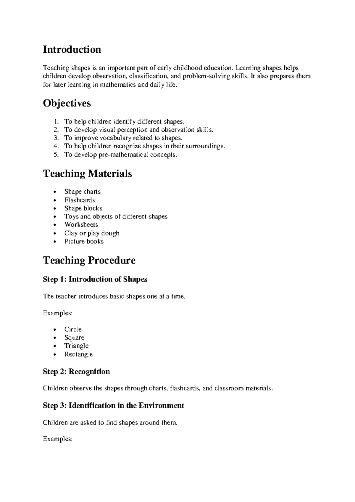 Shapes Teaching Strategies for Pre-Primary Education - Studocu