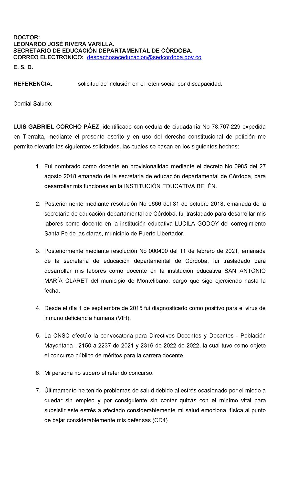 Solicitud de Inclusión en el Retén Social - Luis Gabriel Corcho - Studocu