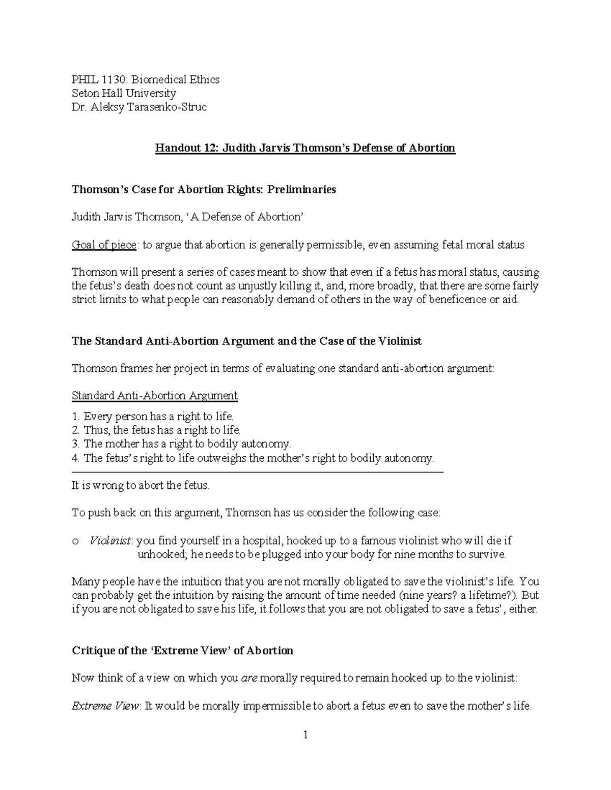 PHIL 1130: Judith Jarvis Thomson's Defense of Abortion in Biomedical ...