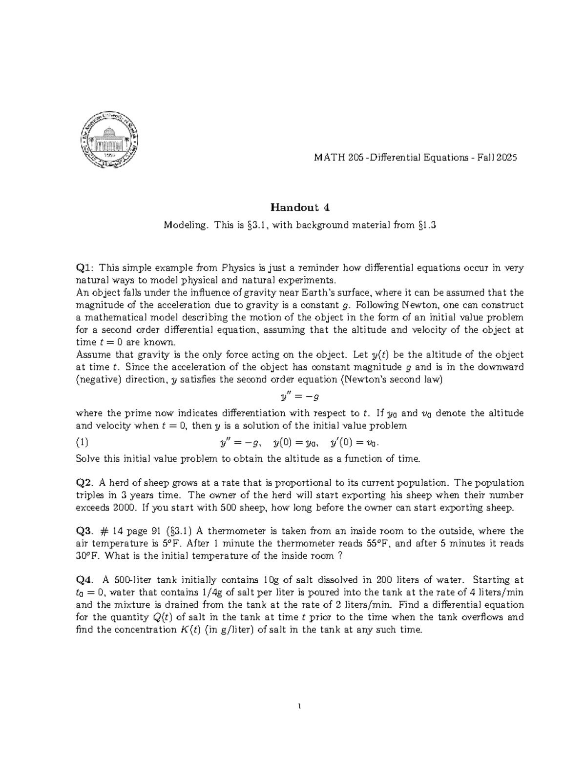 MATH 205 Fall 2025 Handout 4: Modeling Differential Equations - Studocu