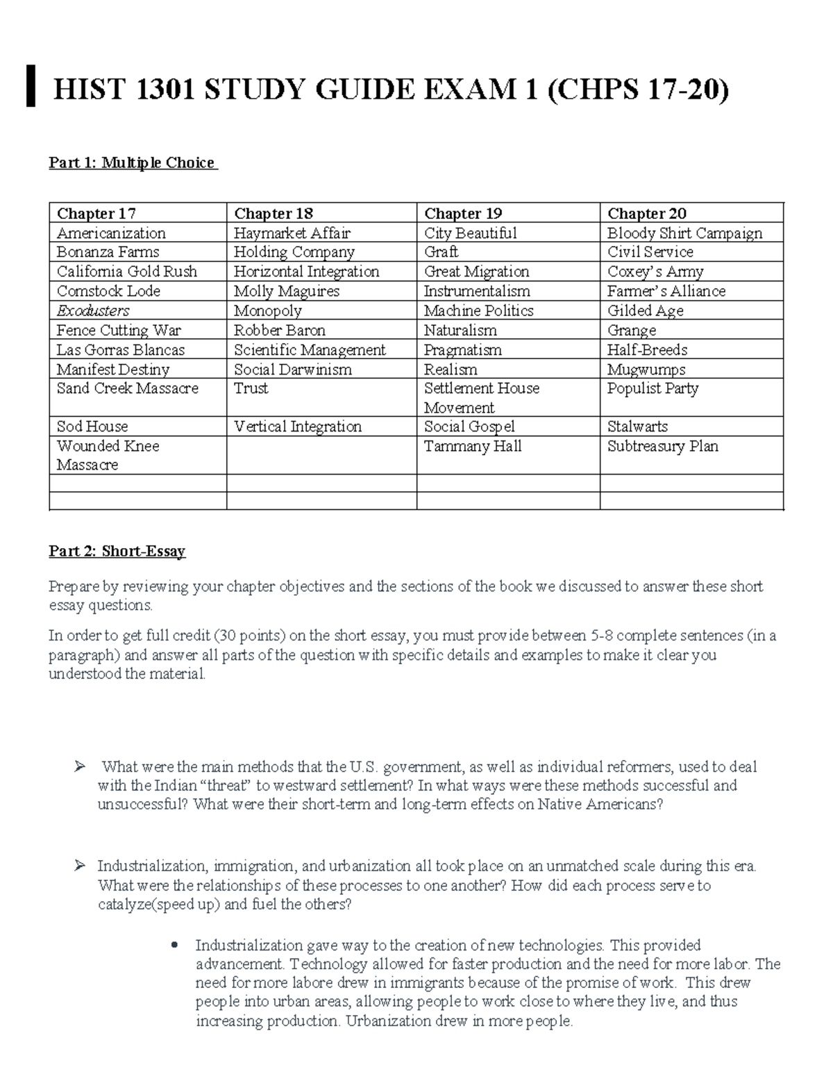 HIST 1302 Study Guidenew - Exam 1 - Chapters 17-20 - HIST 1301 STUDY GUIDE EXAM 1 (CHPS 17-20 ...