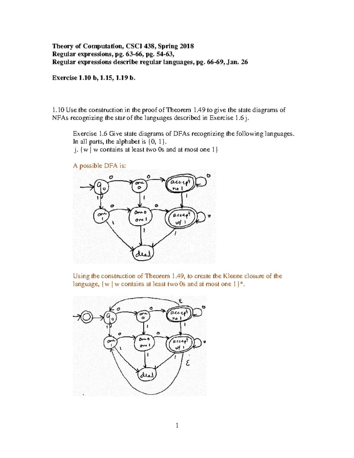 Regular expressions excercise solutions - 1 Theory of Computation, CSCI ...