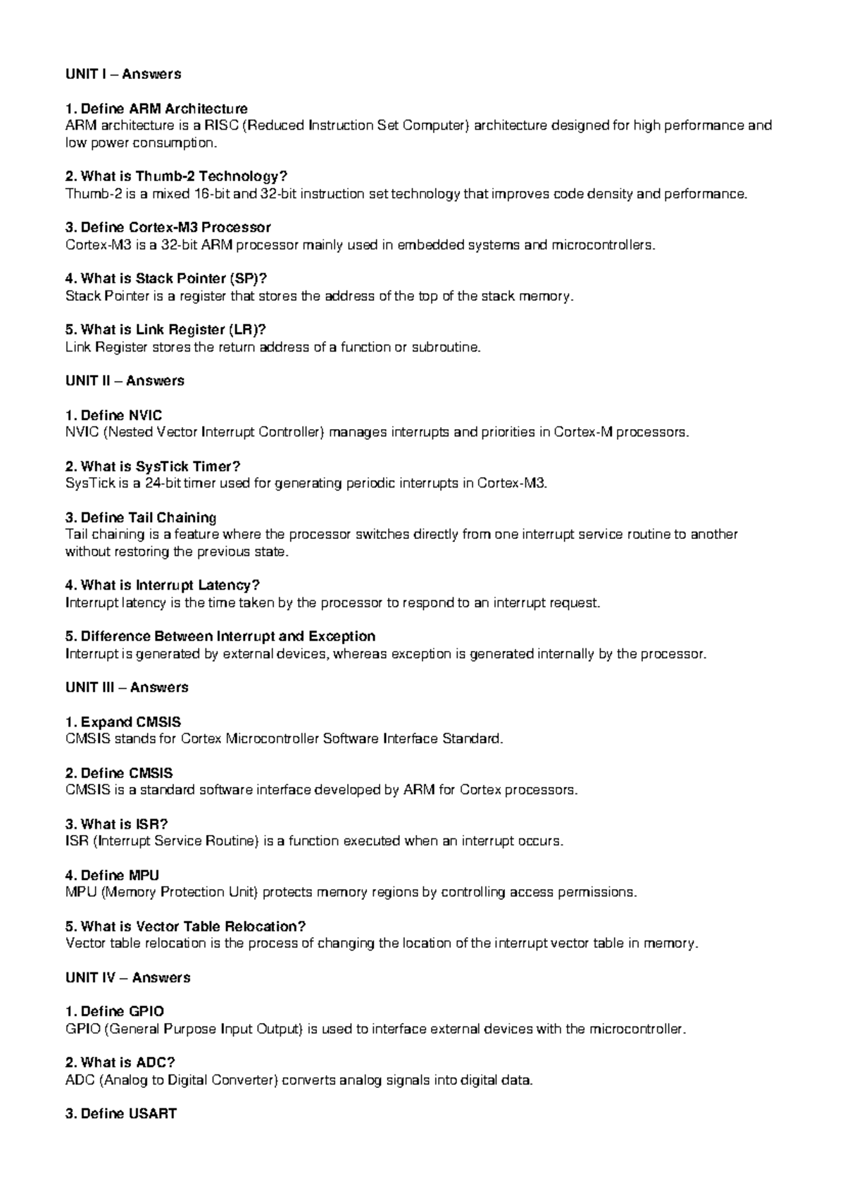 CEC369 Important 2 Marks Answers: ARM Architecture & Interrupts - Studocu