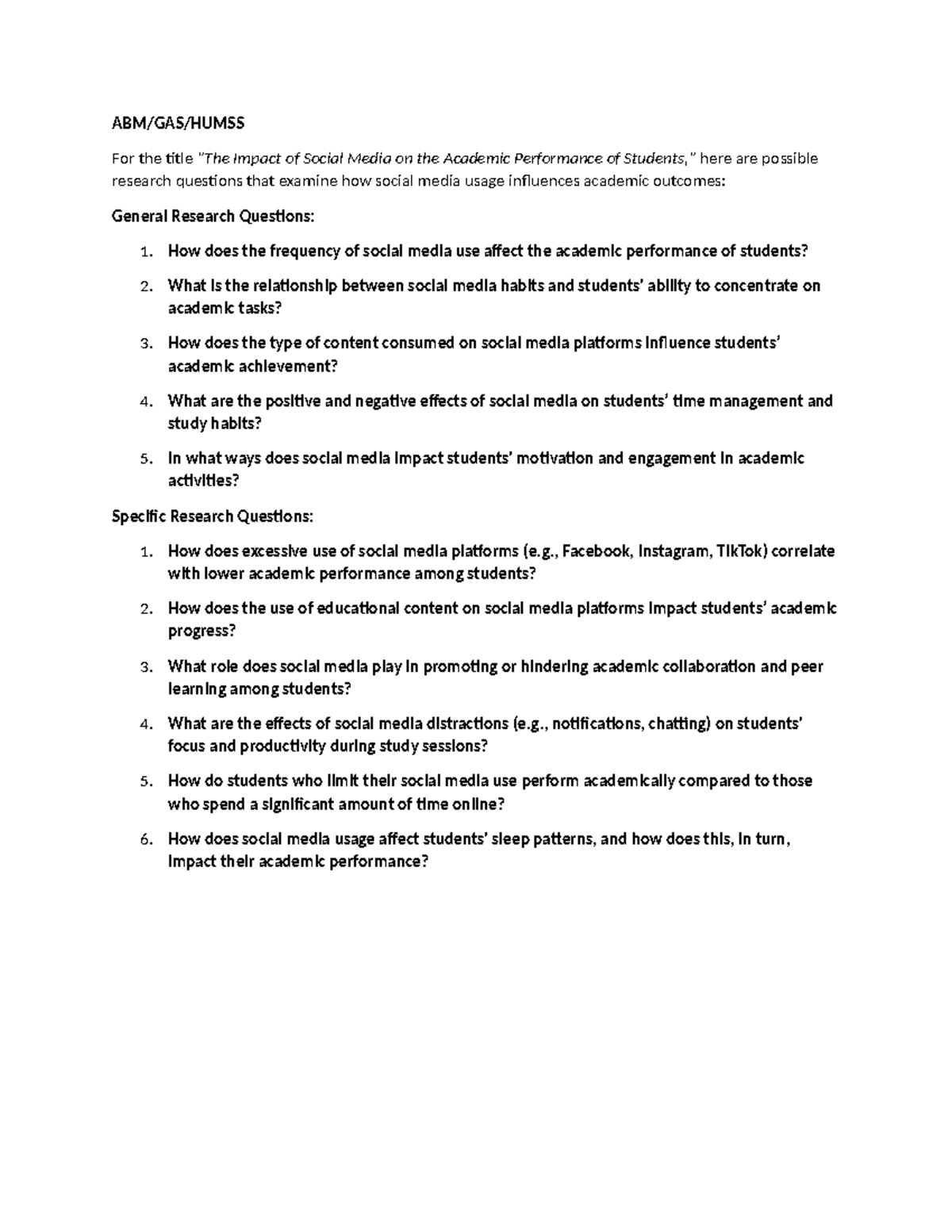 Thesis Statement Questions: Impact on Academic Performance (ABM/GAS ...