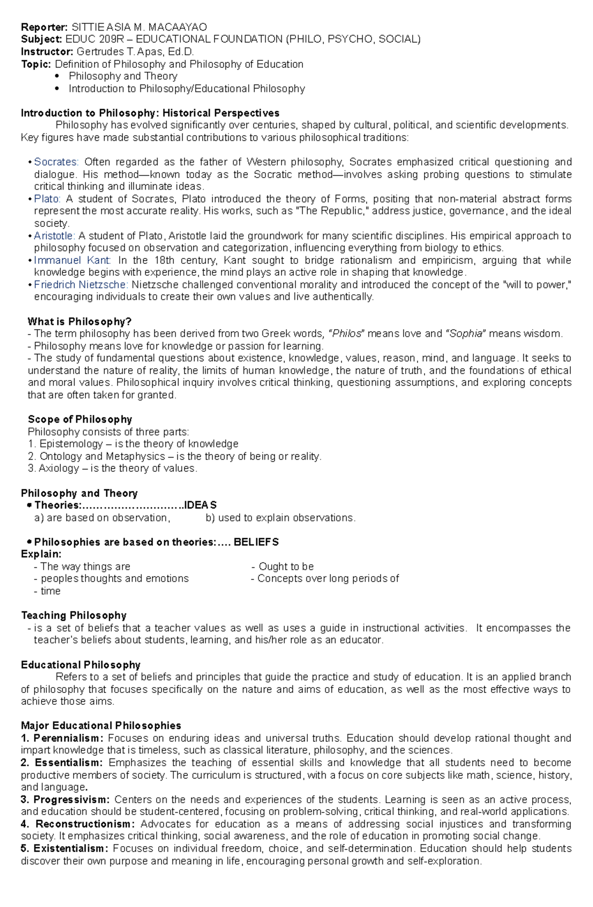 EDUC 209R Handouts: Defining Philosophy & Educational Philosophy - Studocu