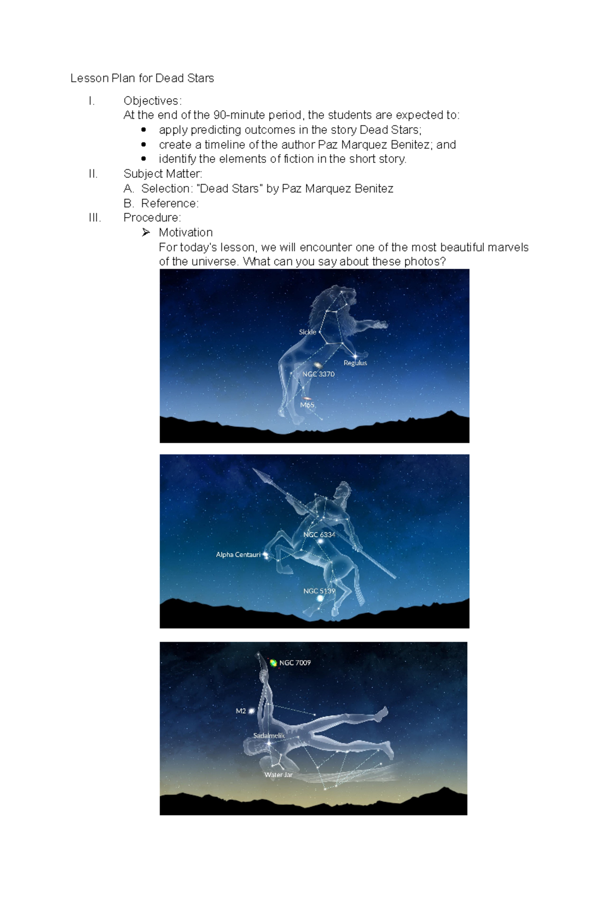 Lesson Plan: Engaging with "Dead Stars" by Paz Marquez Benitez - Studocu