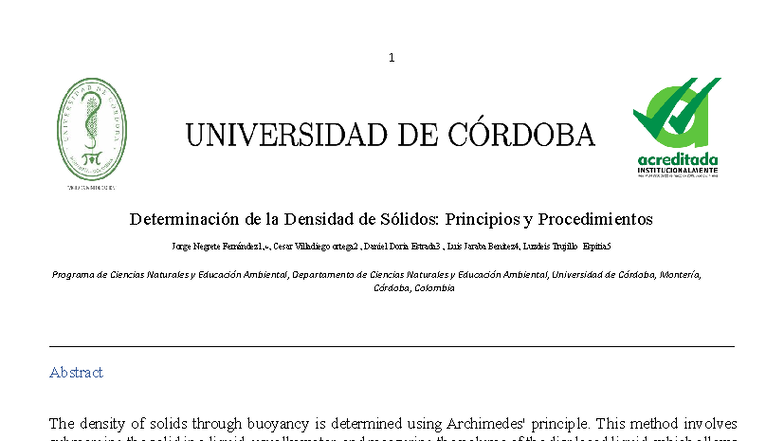 Informe: Determinación de la Densidad de Sólidos por Empuje - Studocu