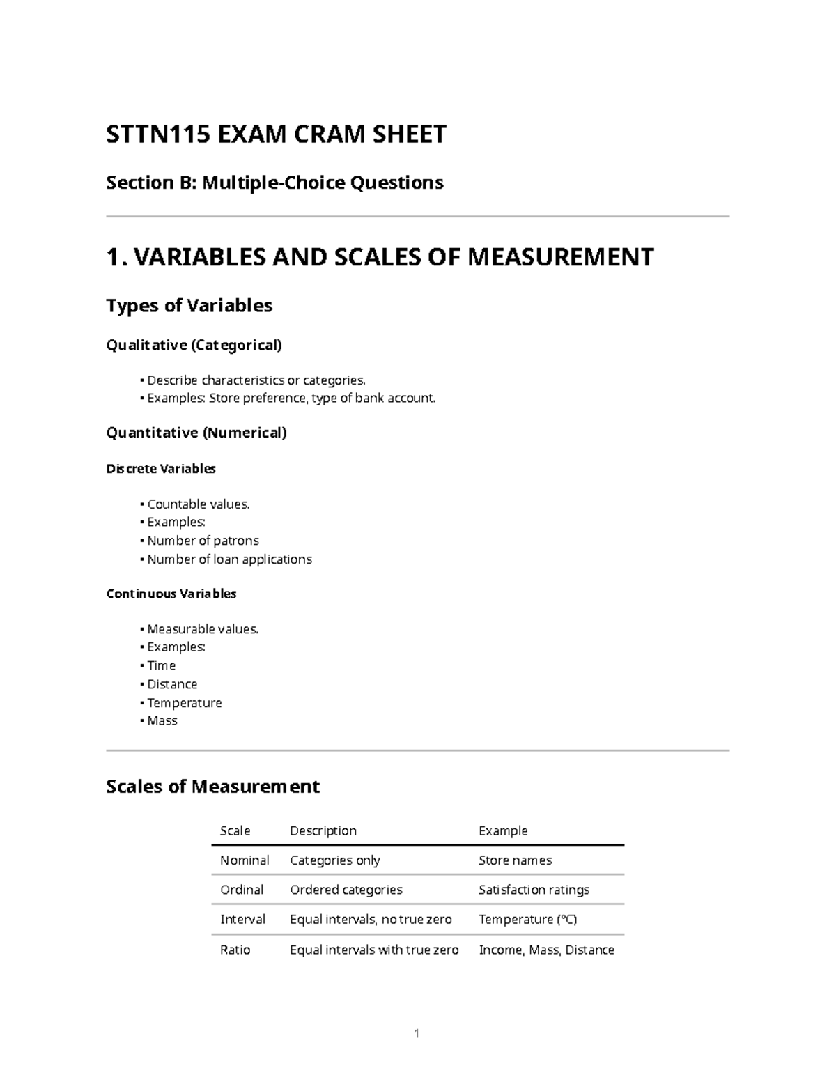 STTN115 FINAL EXAM Cram Sheet: Key Concepts & Formulas - Studocu