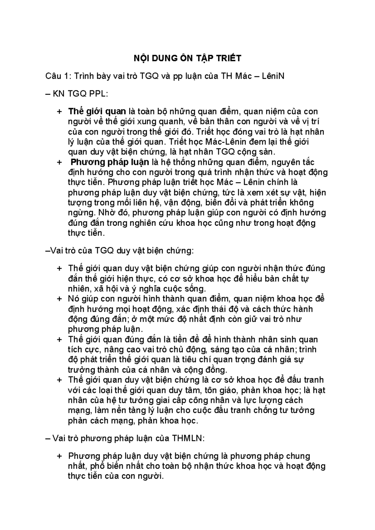 Nội Dung Ôn Tập Triết Học Mác Lênin: TGQ và PPL - Studocu