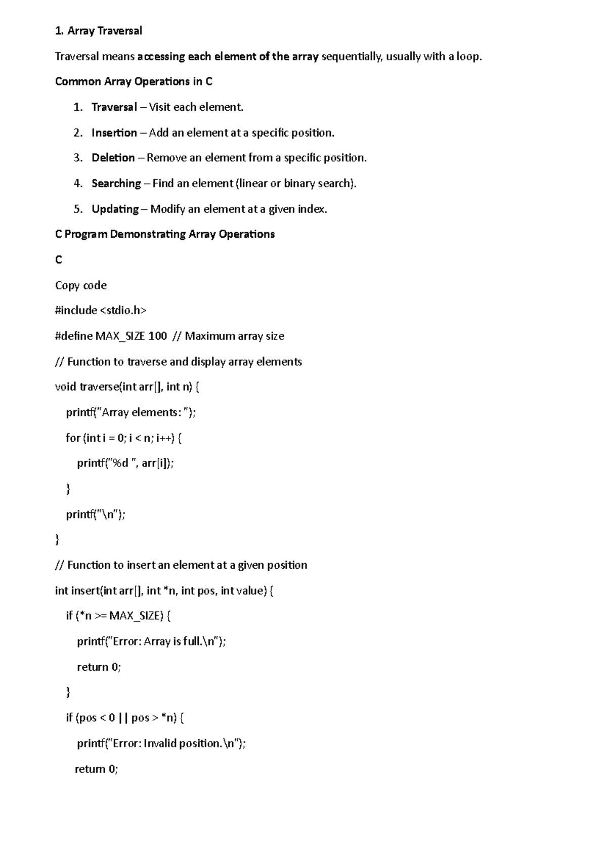 C Programming: Array Traversal and Operations Guide - Studocu