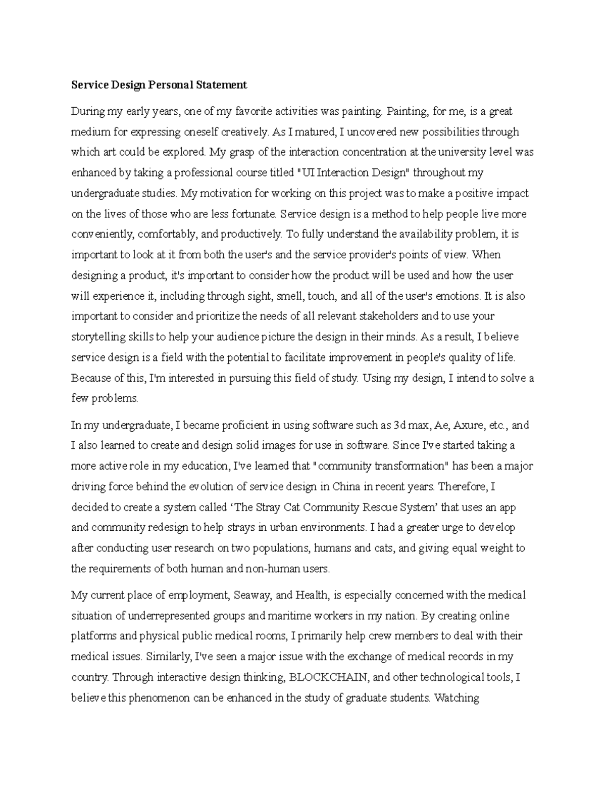 Service Design Personal Statement for Graduate Studies Aspirations ...